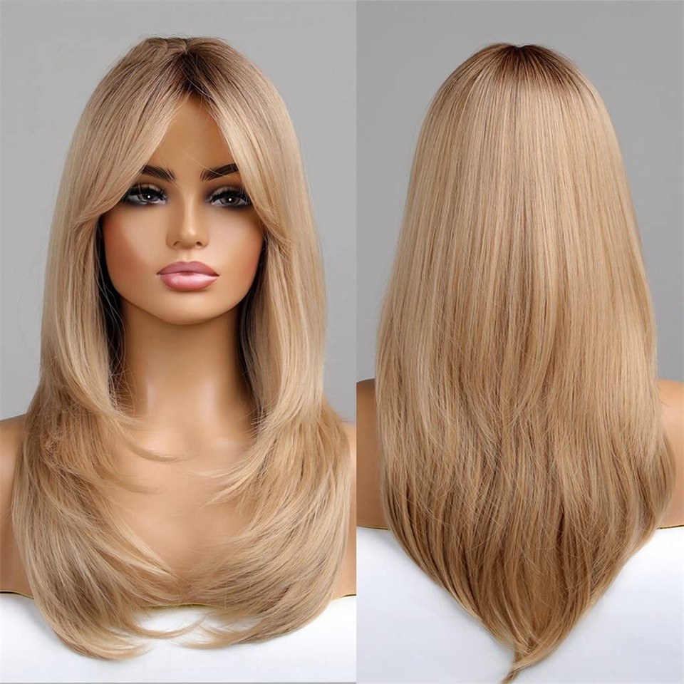 US Long Straight Ombré Light Blonde Synthetic Wigs with Bangs Hair 23 ...