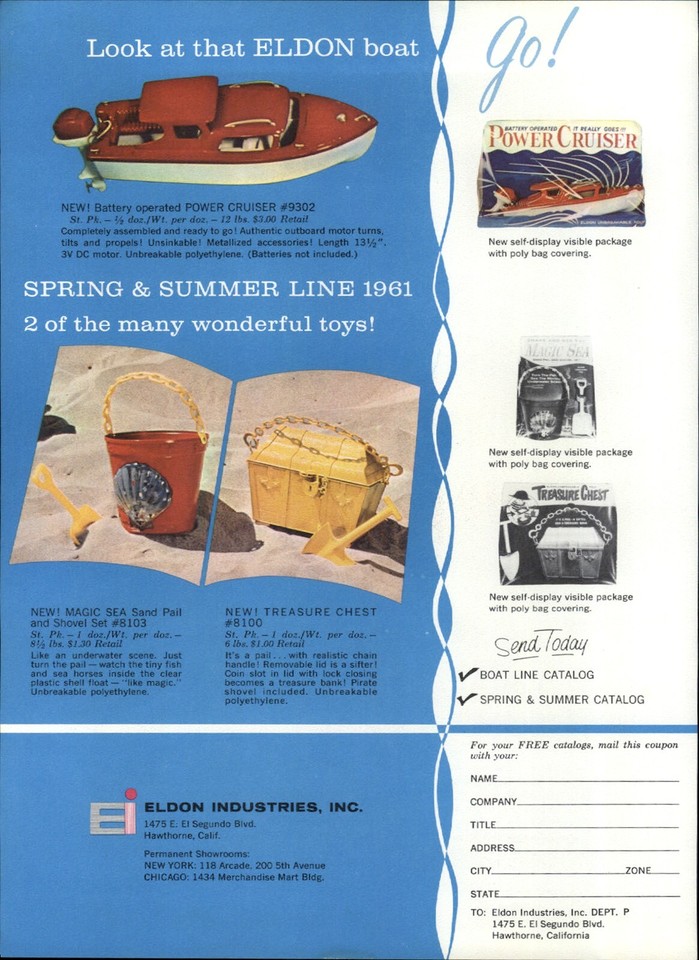 1961 PAPER AD COLOR Eldon Clipper Ship Battery Operated Power Cruiser ...