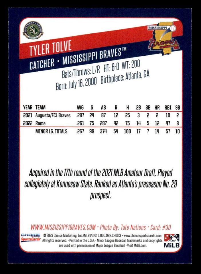 Tyler Tolve 2023 Choice Mississippi Braves #30 Mississippi Braves | eBay