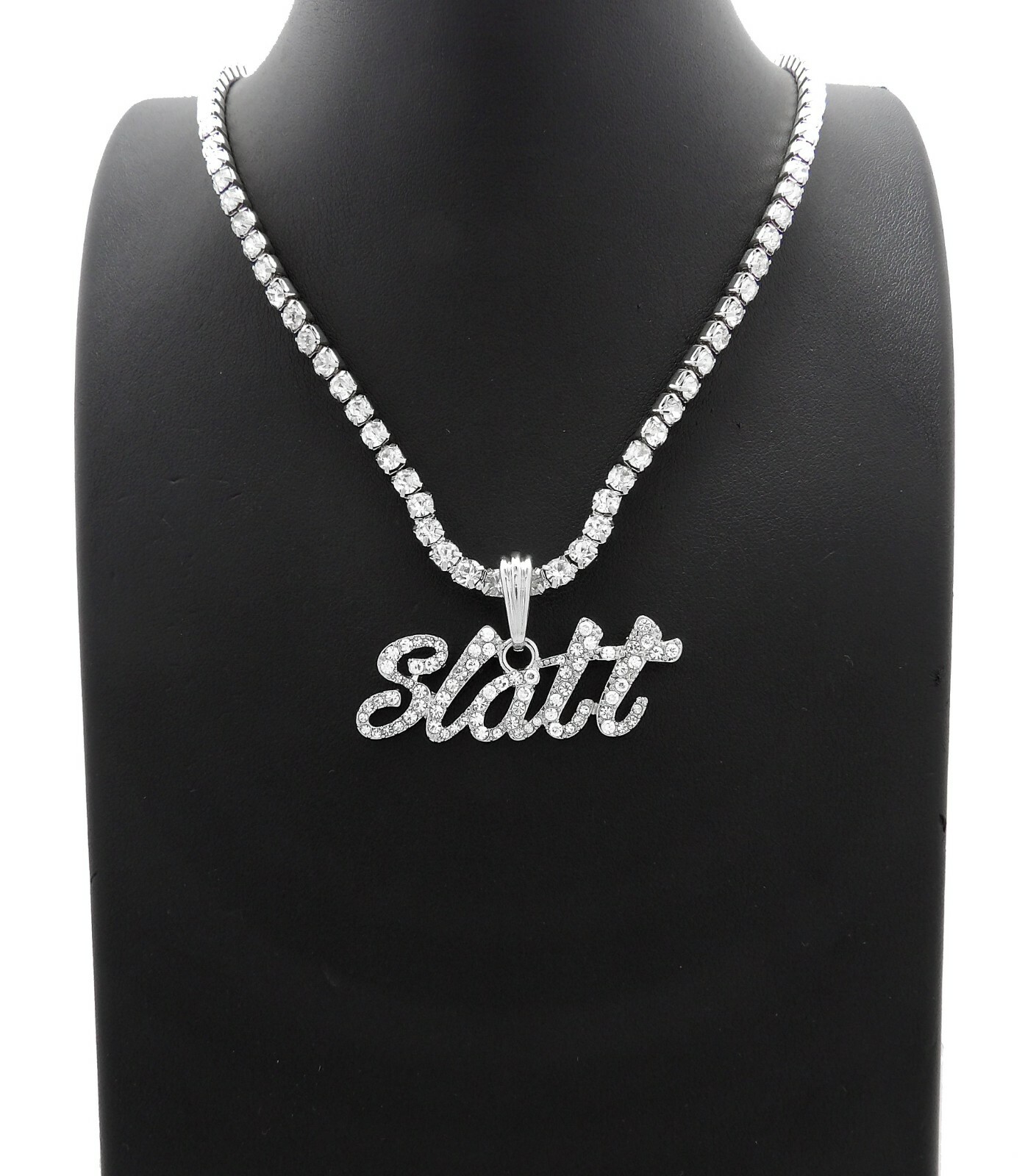 Silver PT Slatt Pendant & 16" 18" 20" Rhinestone Choker Chain Fashion ...