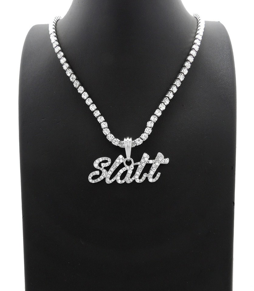 Silver PT Slatt Pendant & 16" 18" 20" Rhinestone Choker Chain Fashion ...