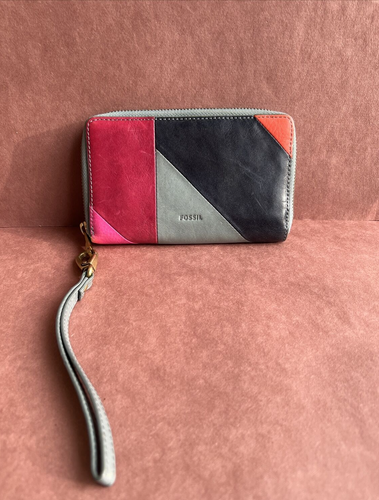 FOSSIL Emma Wallet Leather Zip Around Clutch Patchwork Wristlet | eBay