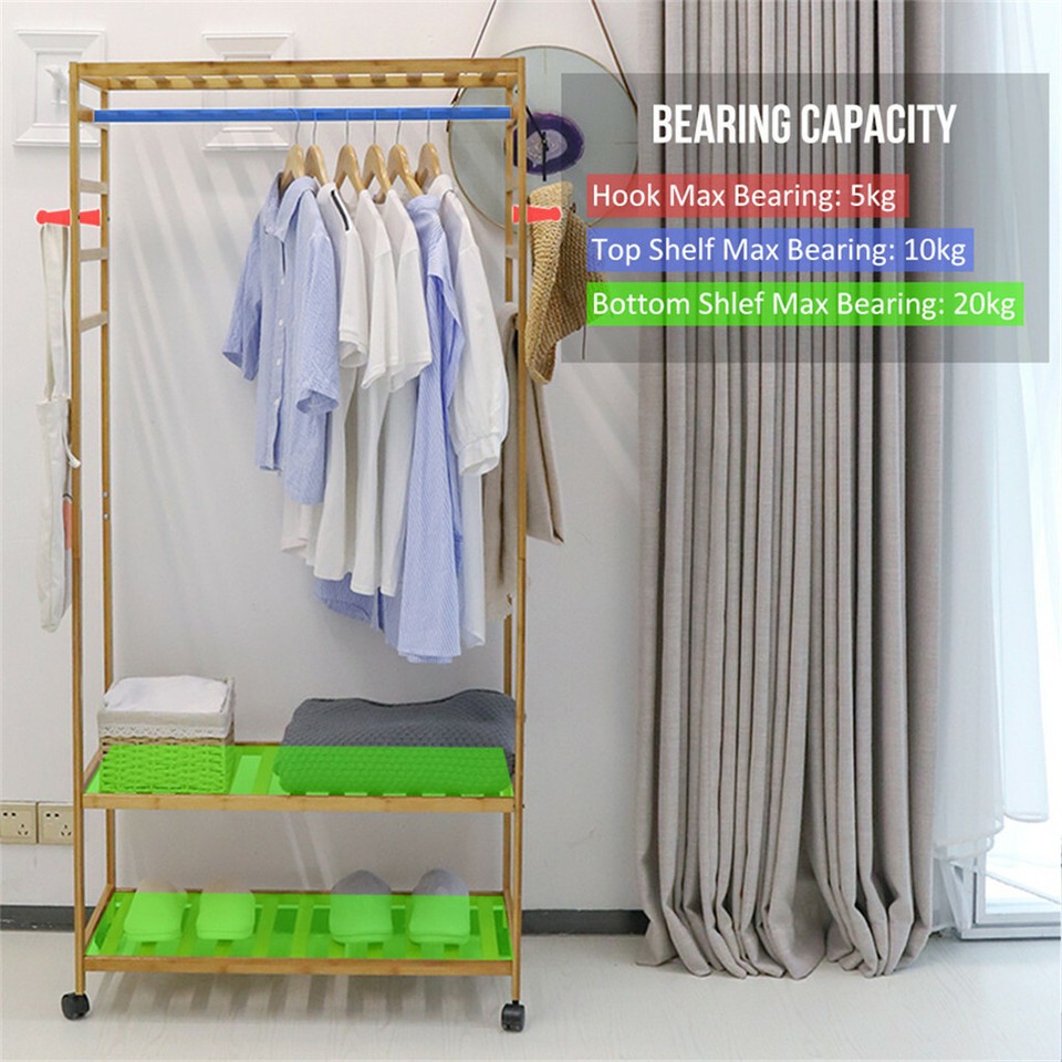 3 Tier Clothes Rack Heavy Duty Wood Garment Shelves Rolling Wheels Side ...