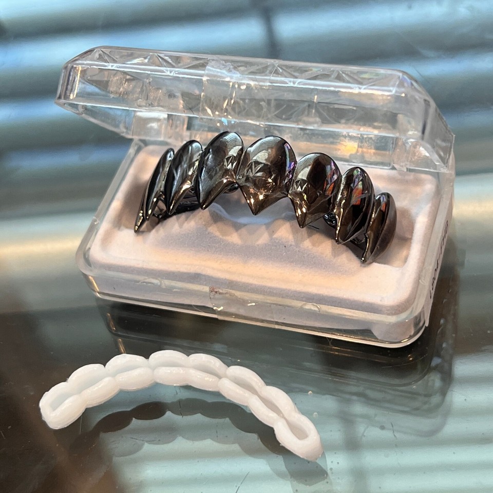 Gunmetal Black Shark Grillz Set 8 Top & Eight Bottom Fangs Teeth Hip ...