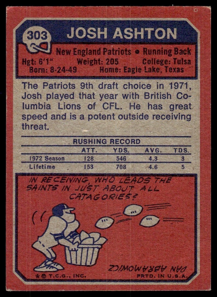1973 TOPPS JOSH ASHTON 2 RC NEW ENGLAND PATRIOTS #303 | eBay