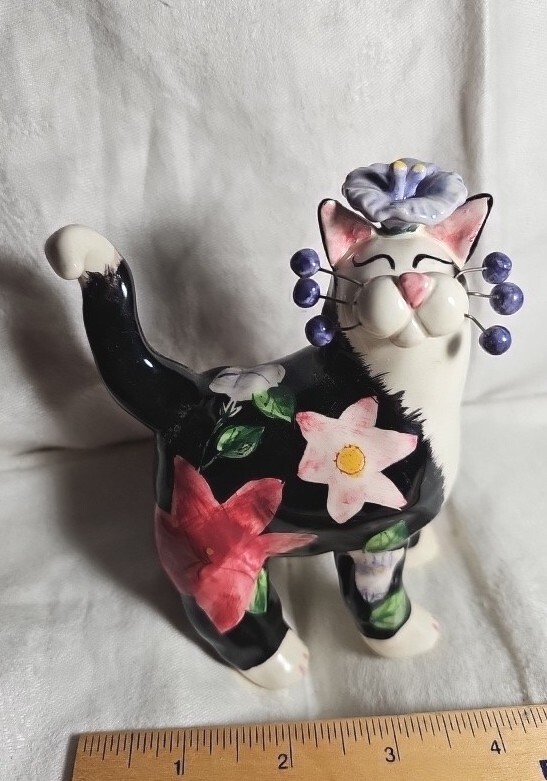 Amy Lacombe Annaco 2002 Creations Whimsiclay FLORAL Painted Cat ...