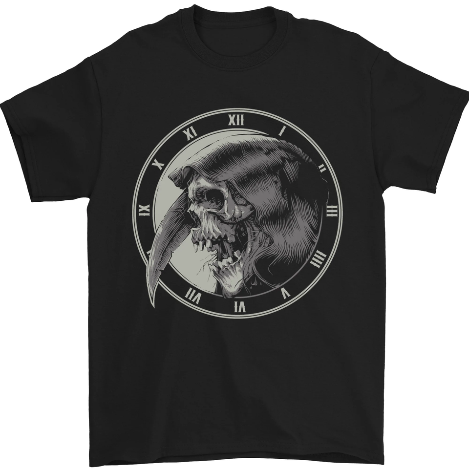 Grim Reaper Clock Skull Biker Gothic Demon Mens T-Shirt 100% Cotton | eBay