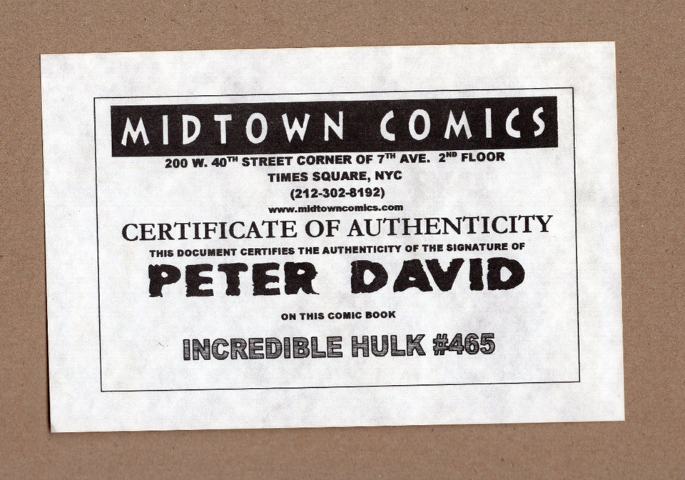 INCREDIBLE HULK #465 NM+ SIGNED by Peter David w/ COA; Wieringo cvr ...