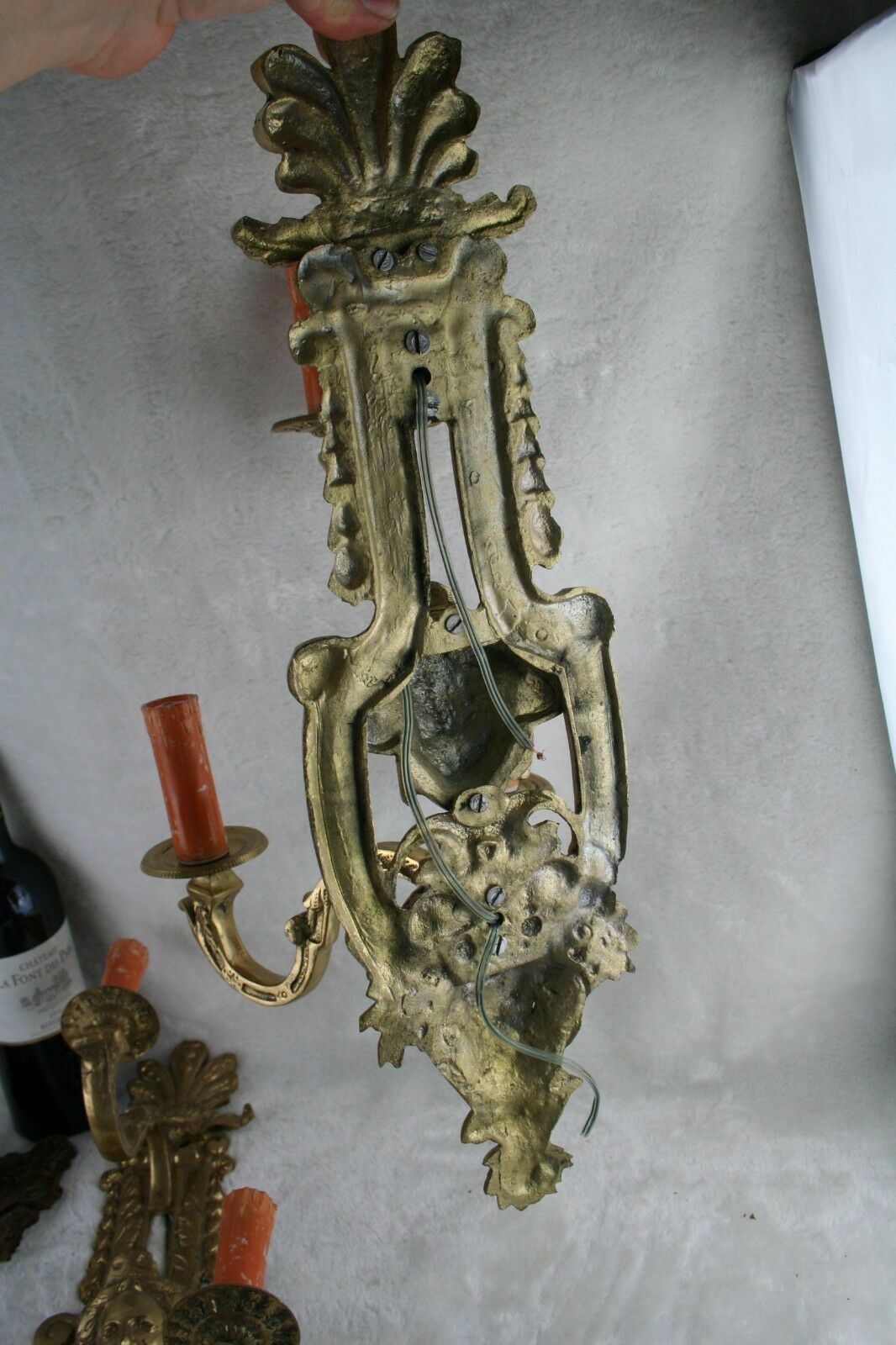 Huge PAIR French antique bronze putti faun satyr 3 arms sconces wall ...