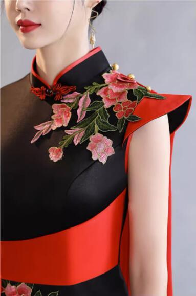 Trendy Mandarin Collar Flowers embroidery Bodycon Fishtail Gown Evening ...