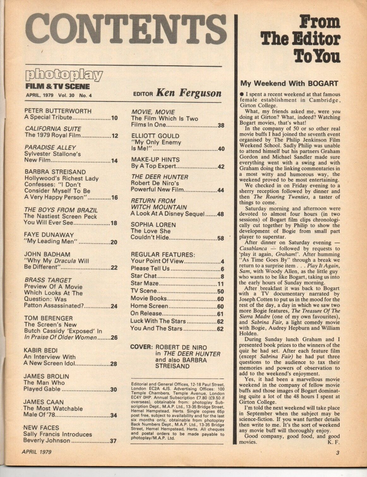 PHOTOPLAY MAGAZINE APRIL 1979 THE DEER HUNTER, STREISAND, DUNAWAY ...