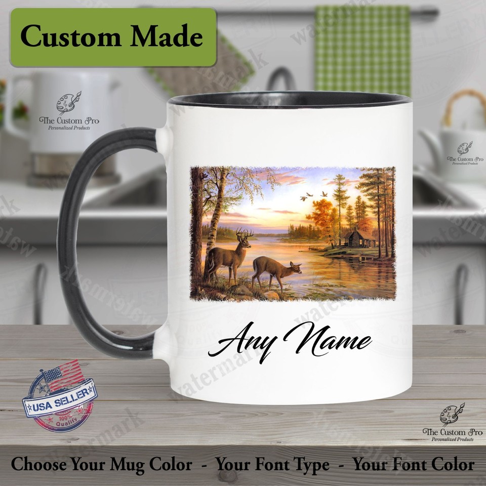 Buck Deer by the River Personalized with Text Ceramic Coffee Mug 11oz ...