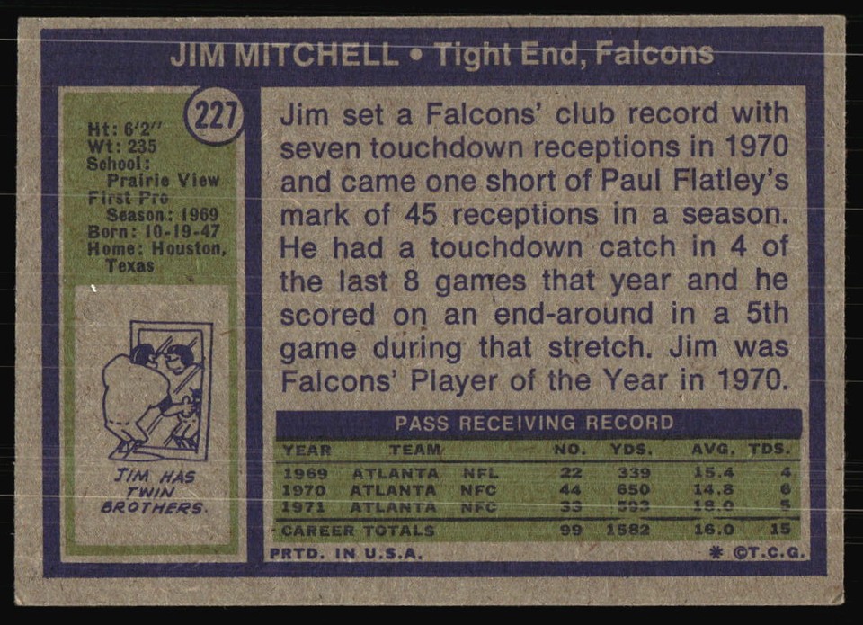 1972 Topps Jim Mitchell #227 Atlanta Falcons | eBay