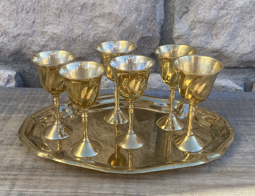 SOLID BRASS 7 PIECE - 6 Goblets & Tray CORDIAL-SHERRY SET Made in India ...