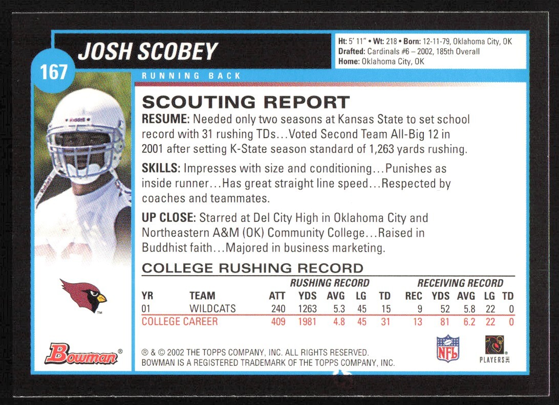 2002 Bowman Football Josh Scobey RC #167 Arizona Cardinals | eBay