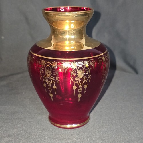 Vintage Vecchia Murano Italy VR Ruby Red 24K Gold Trim Art Glass Vase 5 ...