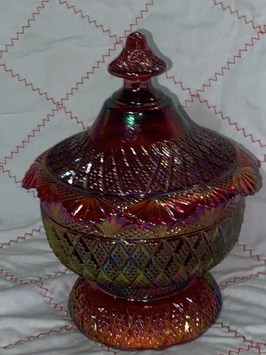 Vtg Fenton Red Carnival Pagoda Covered Candy Dish 6.75” Marked Fenton ...