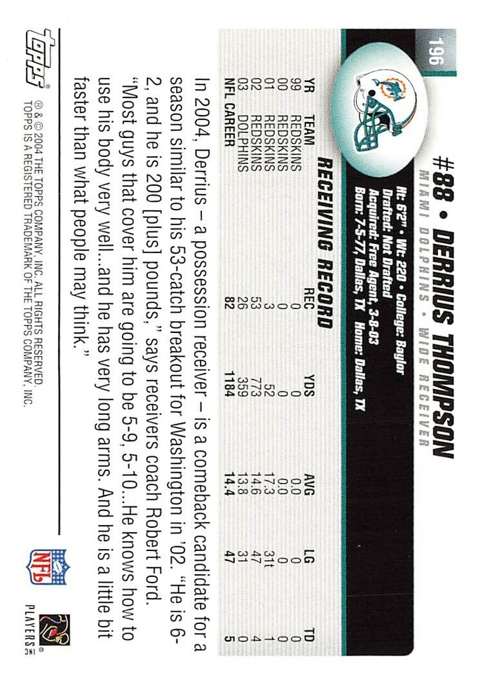2004 Topps #196 Derrius Thompson Miami Dolphins | eBay