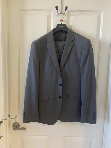 Mens Profile Modern Gray 3 Piece Suit 40R 34 Waist 31… - Gem