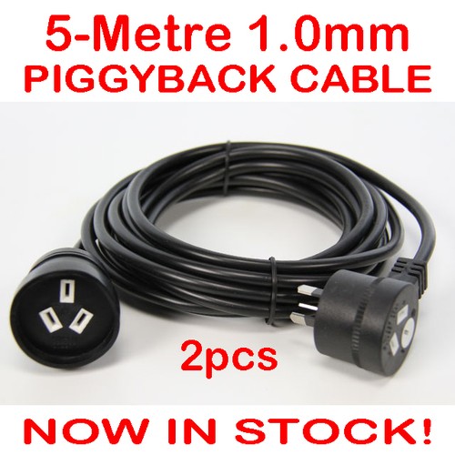 2x 5 Metre Piggyback Power Extension Cable Lead Cord Black Piggy Back ...