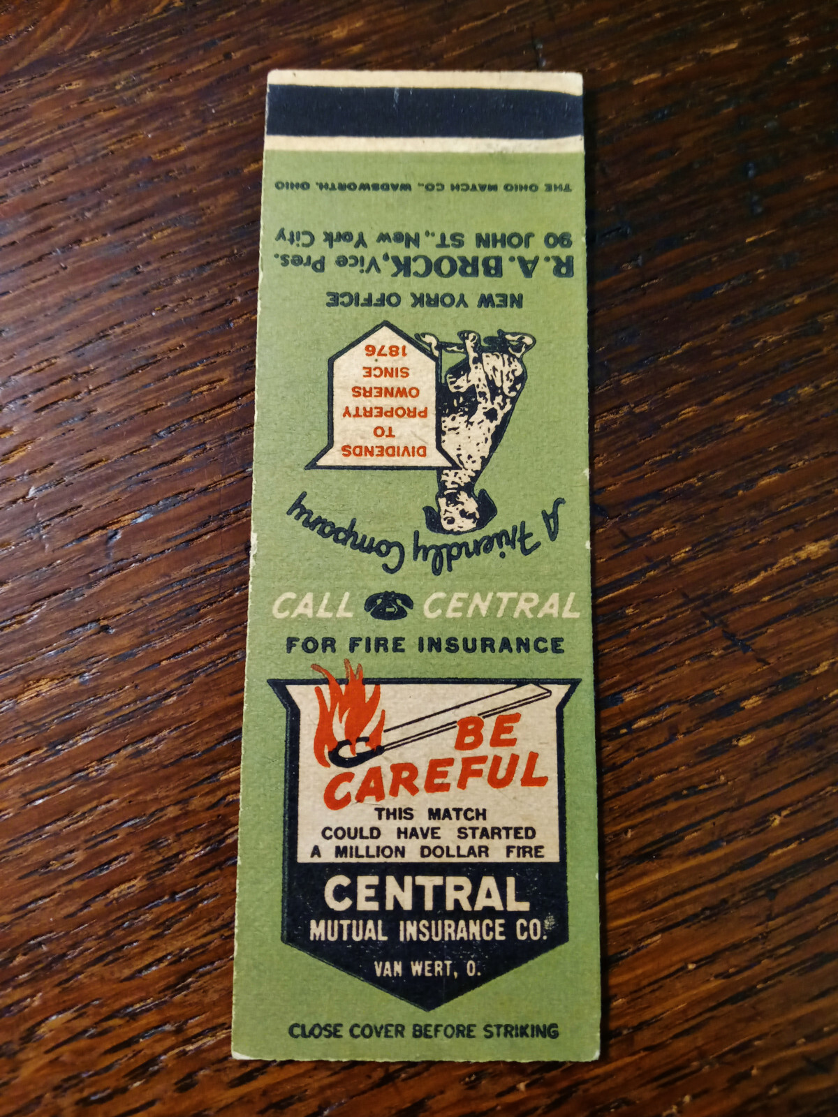 Vintage Matchbook: Central Mutual Insurance, Van Wert, OH RA Brock, New ...