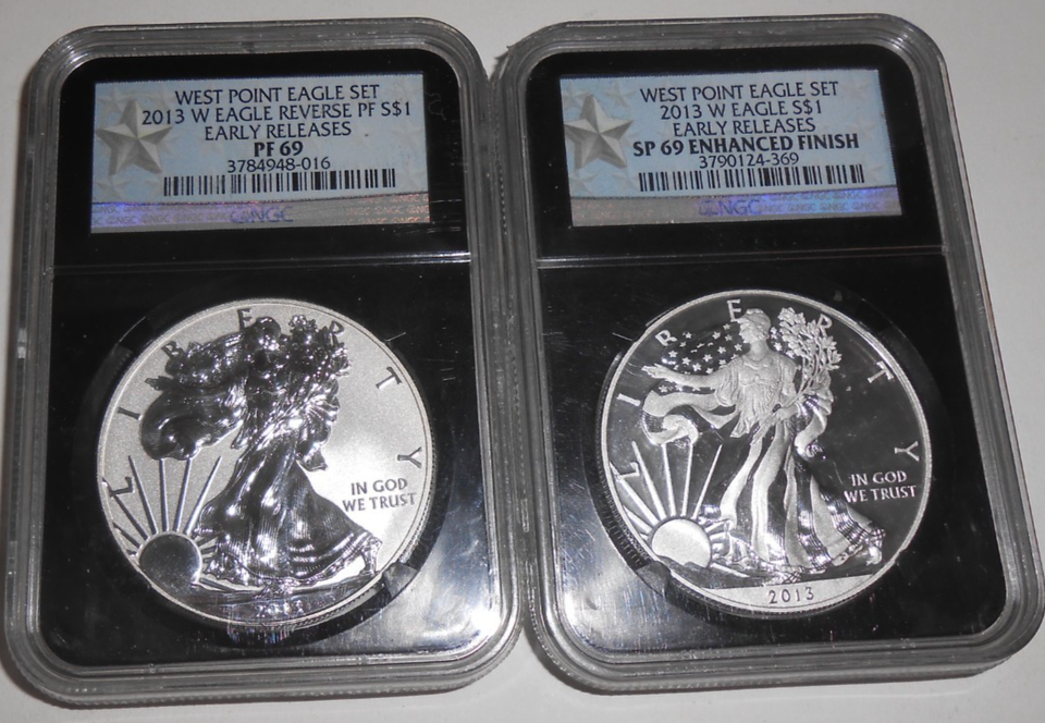 2013 W AM. SIL. EAGLE WEST POINT MINT SET NGC PF 69 REVERSE & SP 69 EN ...