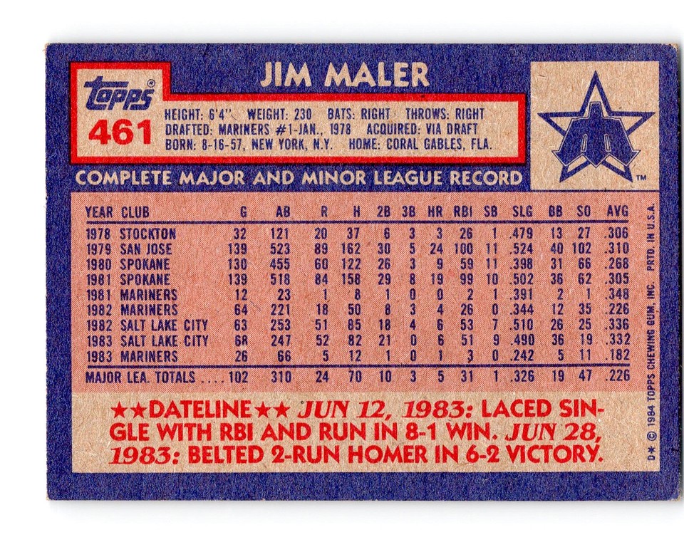1984 Topps #461 Jim Maler Seattle Mariners Baseball Card | eBay