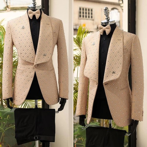 New Camel Luxury Rhinestone Suits for Men's Wedding Groom Wear 2 Pieces ...