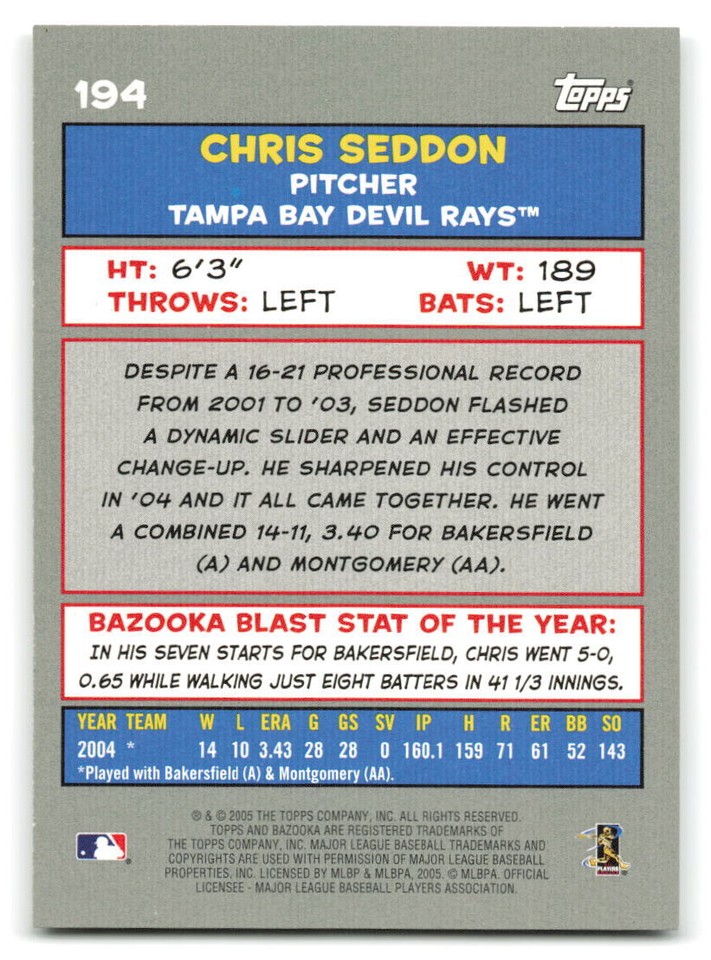 Chris Seddon 2005 Bazooka BASEBALL #194 Tampa Bay Devil Rays | eBay