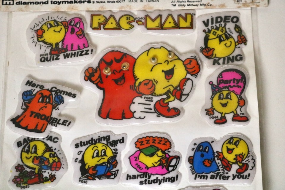 PAC-MAN vintage 1980 puffy stickers with moving eyes rare Diamond Bally ...