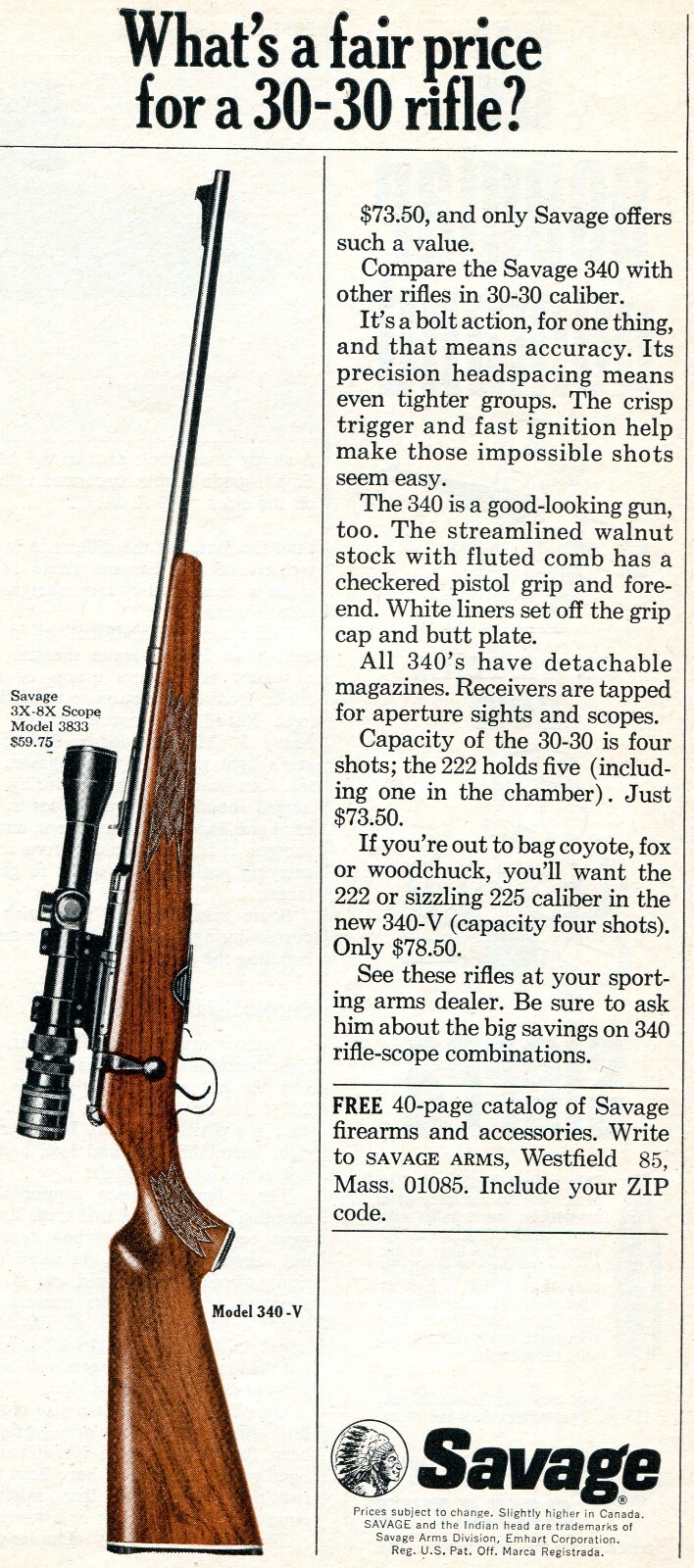 1967 Print Ad of Savage Model 340-V 30-30 Rifle & 3833 Scope | eBay