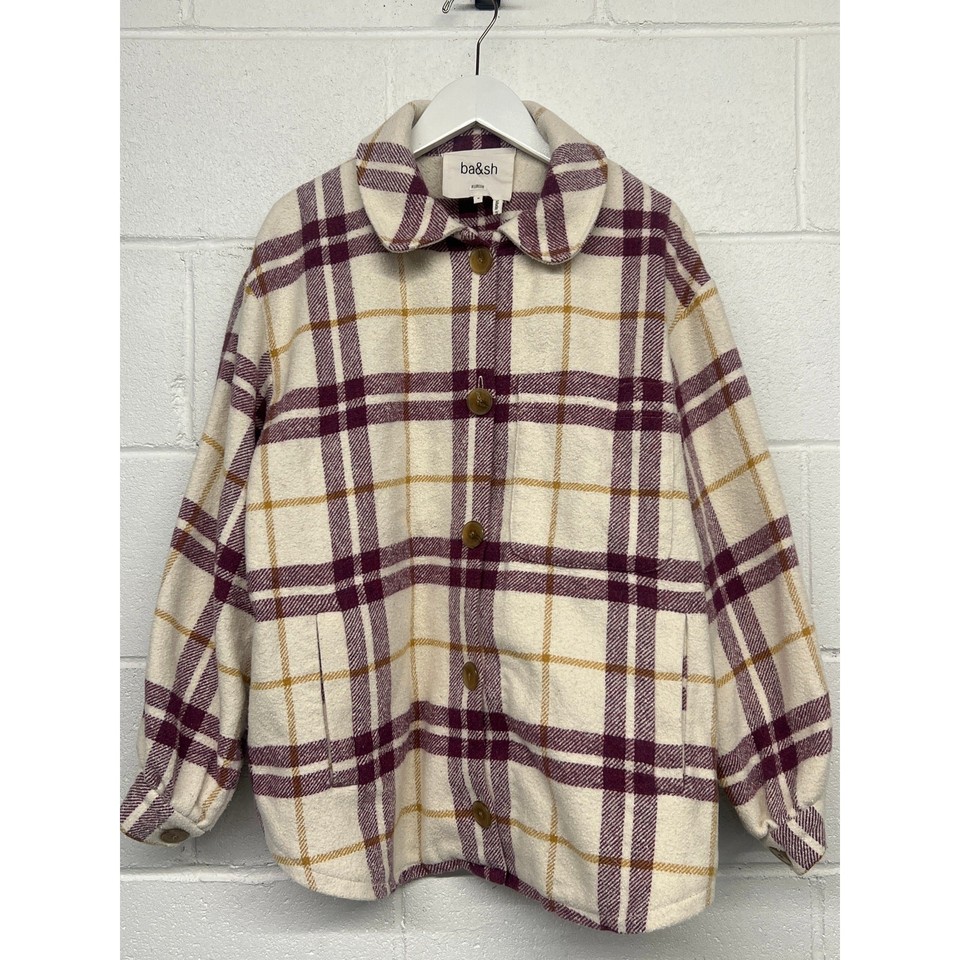Ba&sh Sz Medium Plaid Purple Yellow Cream Qetsia Wool Button Overshirt ...