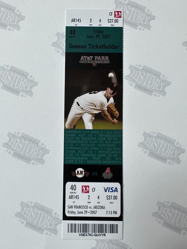 2007 Arizona Diamondbacks San Francisco Giants Ticket 6/29/07 Bonds ...