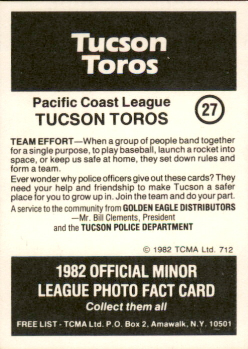 1982 Tucson Toros TCMA #27 Dave Labossiere Trainer - NM Baseball Card ...