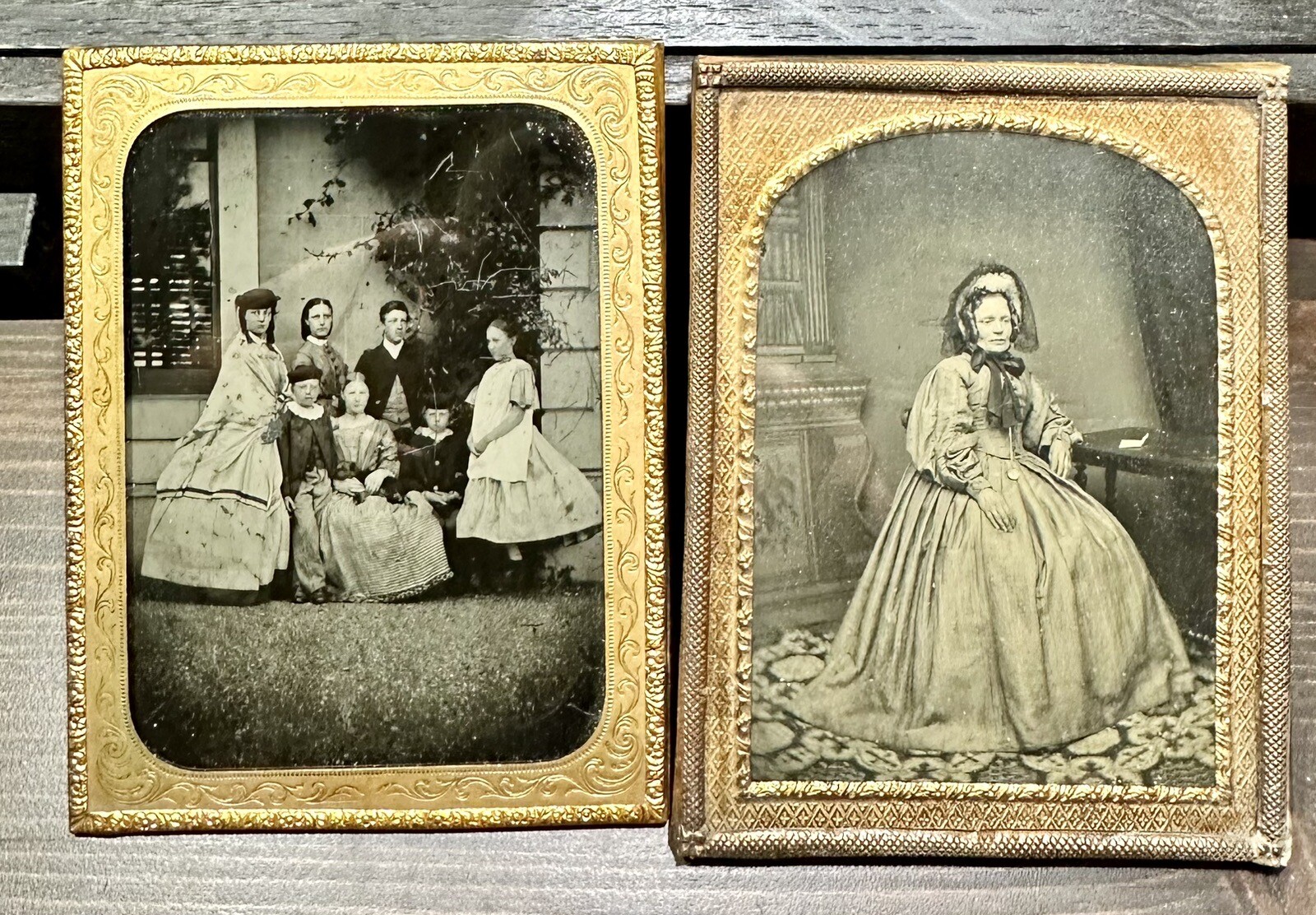 Lot of TWO 1/4 Ambrotype Photos 1850s Group Women Men Outdoor Tinted ...