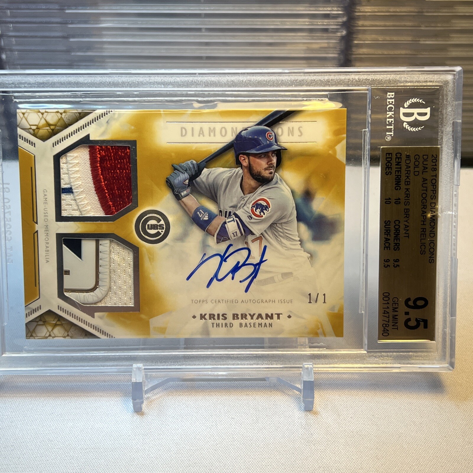 2018 Topps Diamond Icons Dual Relic Autograph Gold Kris Bryant #1/1 BGS ...