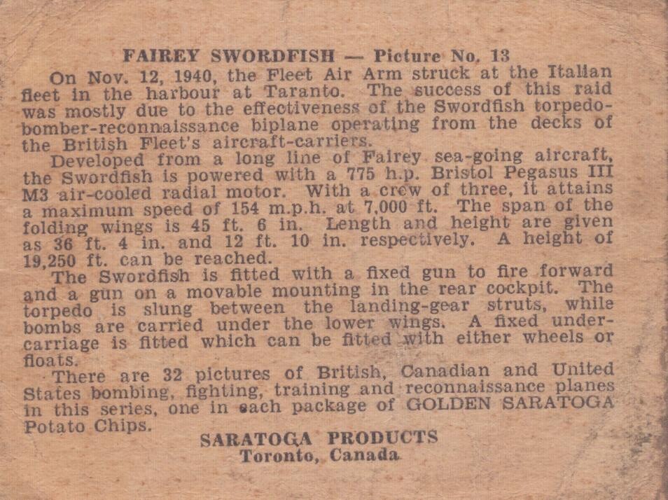 Non-Sport Card - Saratoga Products - Plane: Fairey Swordfish - No. 13 ...