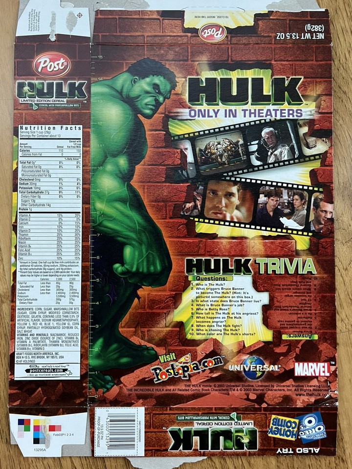 2003 Post HULK w/ Marshmallow Bits cereal box - Marvel movie | eBay