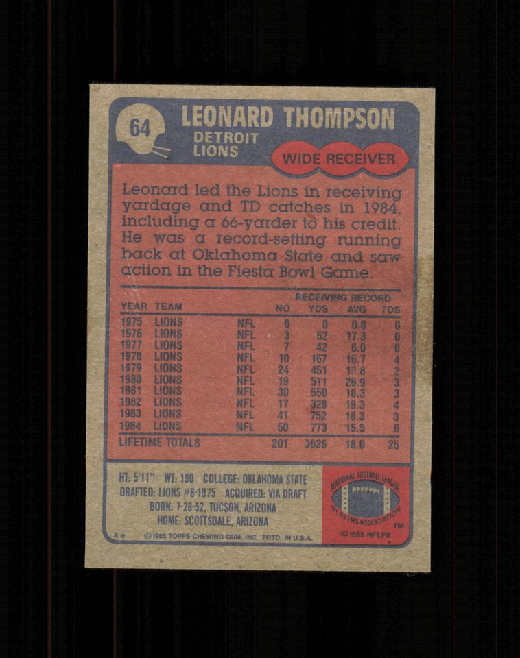 1985 Topps Football #64 Leonard Thompson Detroit Lions | eBay