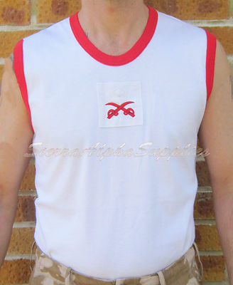 BRITISH MOD PTI SLEEVELESS T-SHIRT RAF & ARMY MOTIF WHITE & COLOUR TRIM ...
