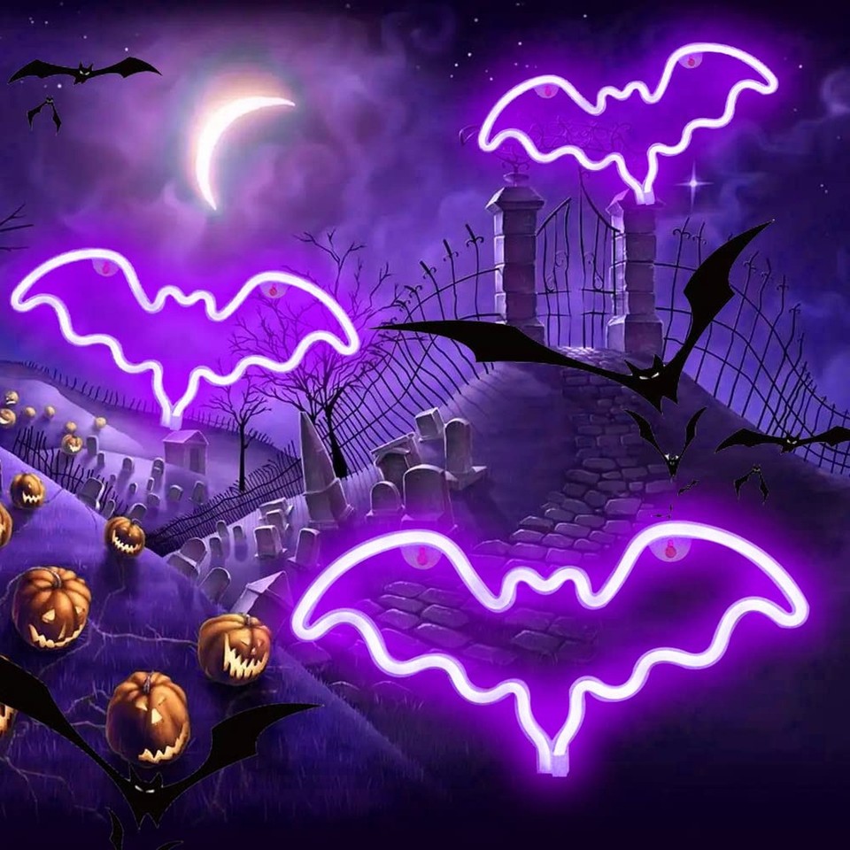 LED Neon Bat Signs Halloween Decor, Purple Bat Shape Neon Lights Gothic ...