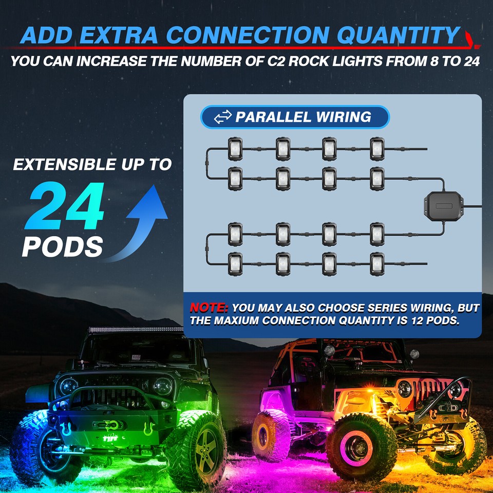 MICTUNING C2 Max RGB-IC LED Rock Lights 8 Pods Underglow Underbody Neon ...