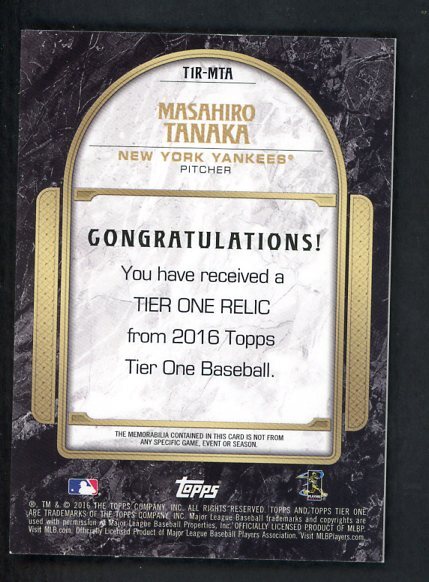 2016 TOPPS TIER ONE TIR-MTA MASAHIRO TANAKA YANKEES 441051 (KYCARDS) | eBay
