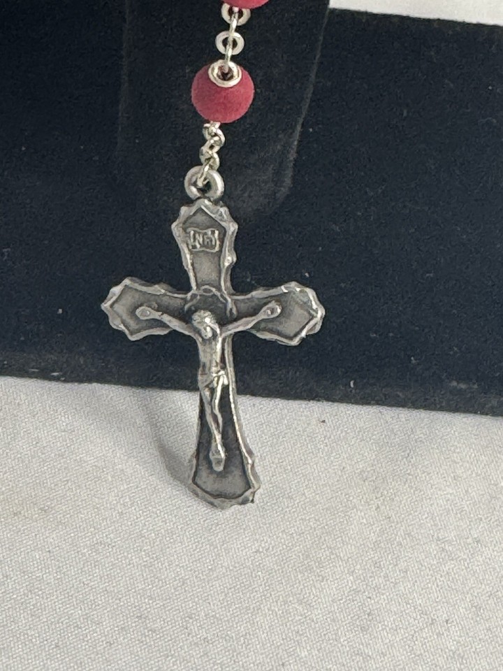 Vintage Red Bead INRI Jesus Crucifix Cross Pendant Rosary Necklace with ...