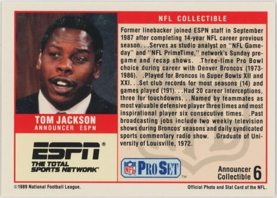 1989 Pro Set Tom Jackson ESPN #6 | eBay