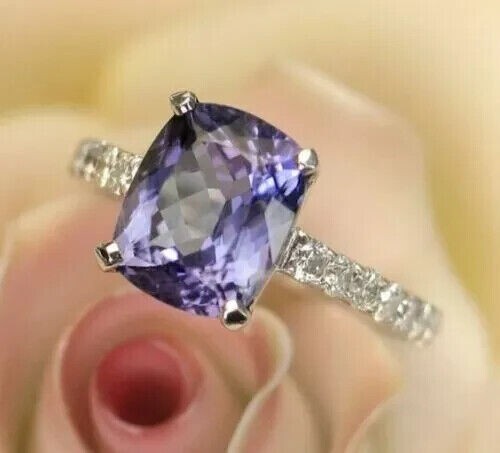 3CT Cushion Cut Blue Tanzanite Engagement Ring 14K White Gold Plated ...