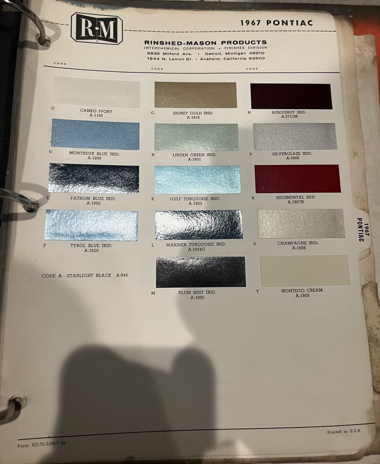1967 Pontiac Paint Chip Color Code Sample Sheet Rinshed Mason RM | eBay