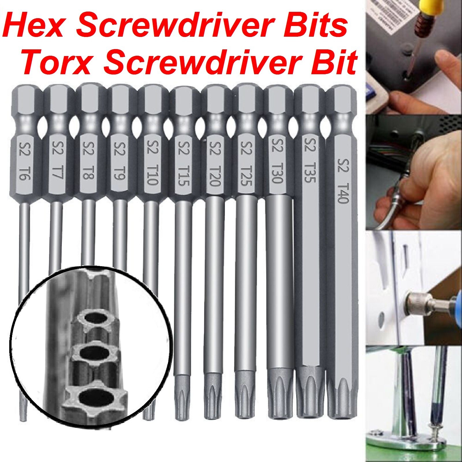 11pc Torx Screwdriver Bit Set 100mm Long T6-T40 Star Head Temper Proof ...