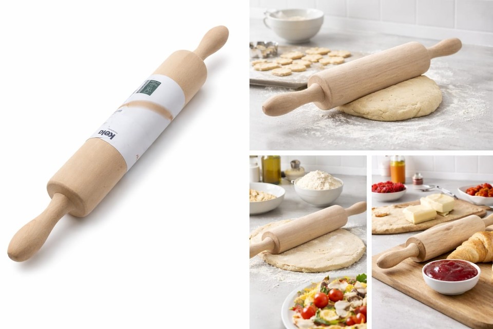 42cm- Wooden Rolling Pin with 2 Handles – Chapatti, Baking And Pancake ...