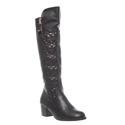 New Womens Quilted Knee High Riding Boot Faux Leather Med High Block ...